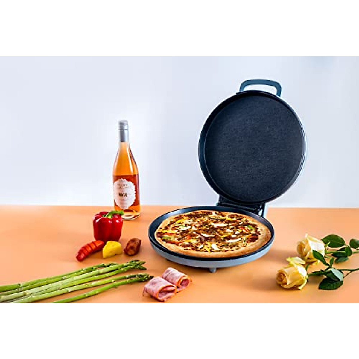 Courant Pizza Maker 12-inch Pizzas Machine, Newly improved Cool-touch Handle Non-Stick plates Pizza oven & Calzone Maker, Electric Countertop Oven for Home or School, 12” Indoor Grill/Griddle, Gray