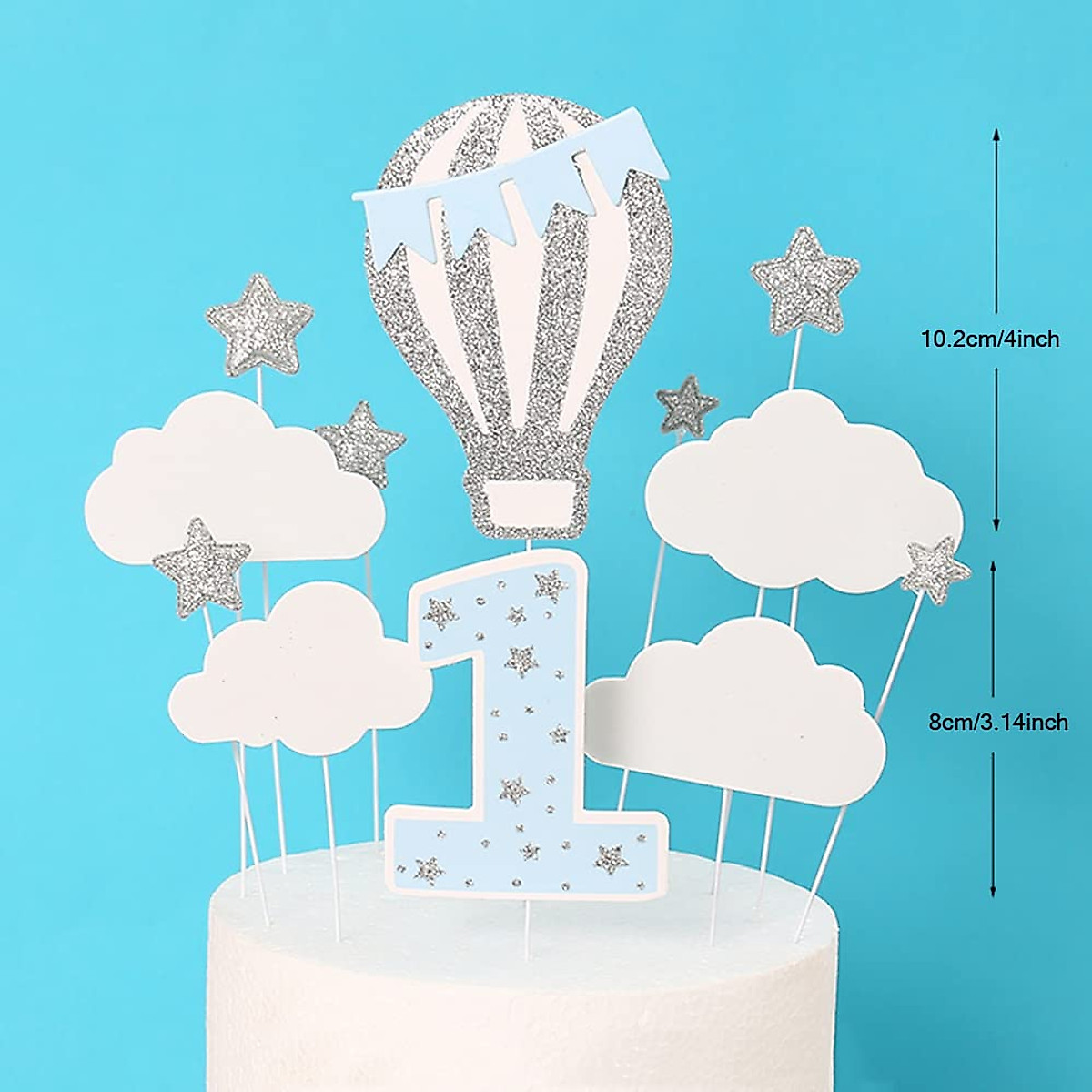 Kawailay 1st Boy Birthday Cake Topper Set Glitter Happy Birthday Cake Banner Flag First Birthday Cake Topper with Hot Air Balloon Clouds Stars for Baby Shower Boy s Birthday Party Supplies - Blue