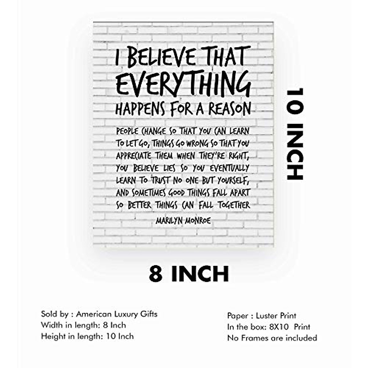 Marilyn Monroe- Everything Happens- Inspirational Wall Art Print, This Retro Wall Decor Print Makes Ideal Wall Art For Living Room Decor, Office Decor & Man Cave Decor. Unframed- 8x10”