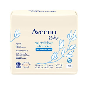 Aveeno Baby Sensitive All Over Wipes with Aloe & Natural Oat Extract for Face, Bottom & Hands, pH-Balanced, Hypoallergenic, Fragrance-, Phthalate-, Alcohol- & Paraben-Free, 3 Pks of 56 ct