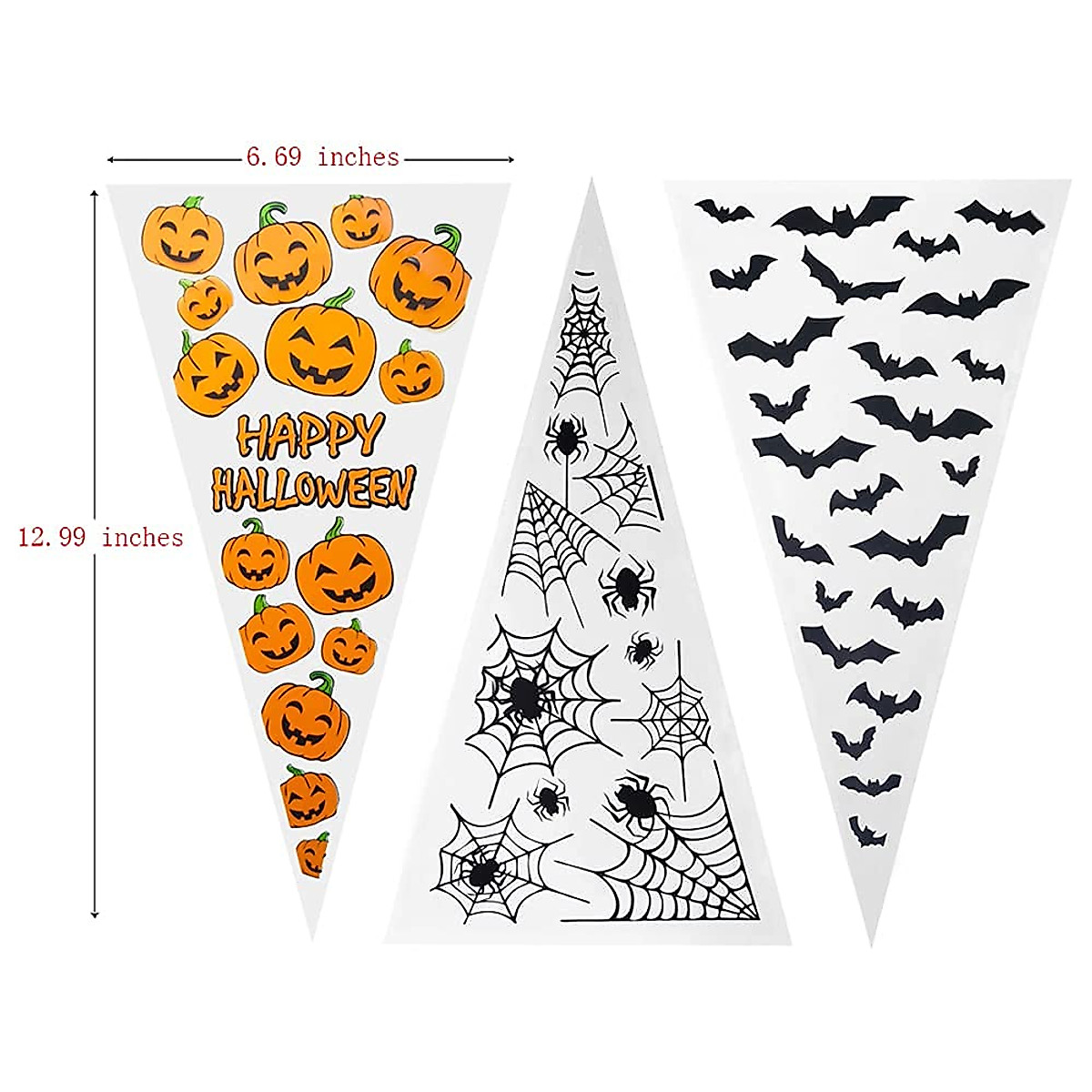 Halloween Bags for Candy 150Pc Cellophane Cone Treat Bags with Twist Tie (Bat Spider Web Pumpkin Candy Cone Bags)