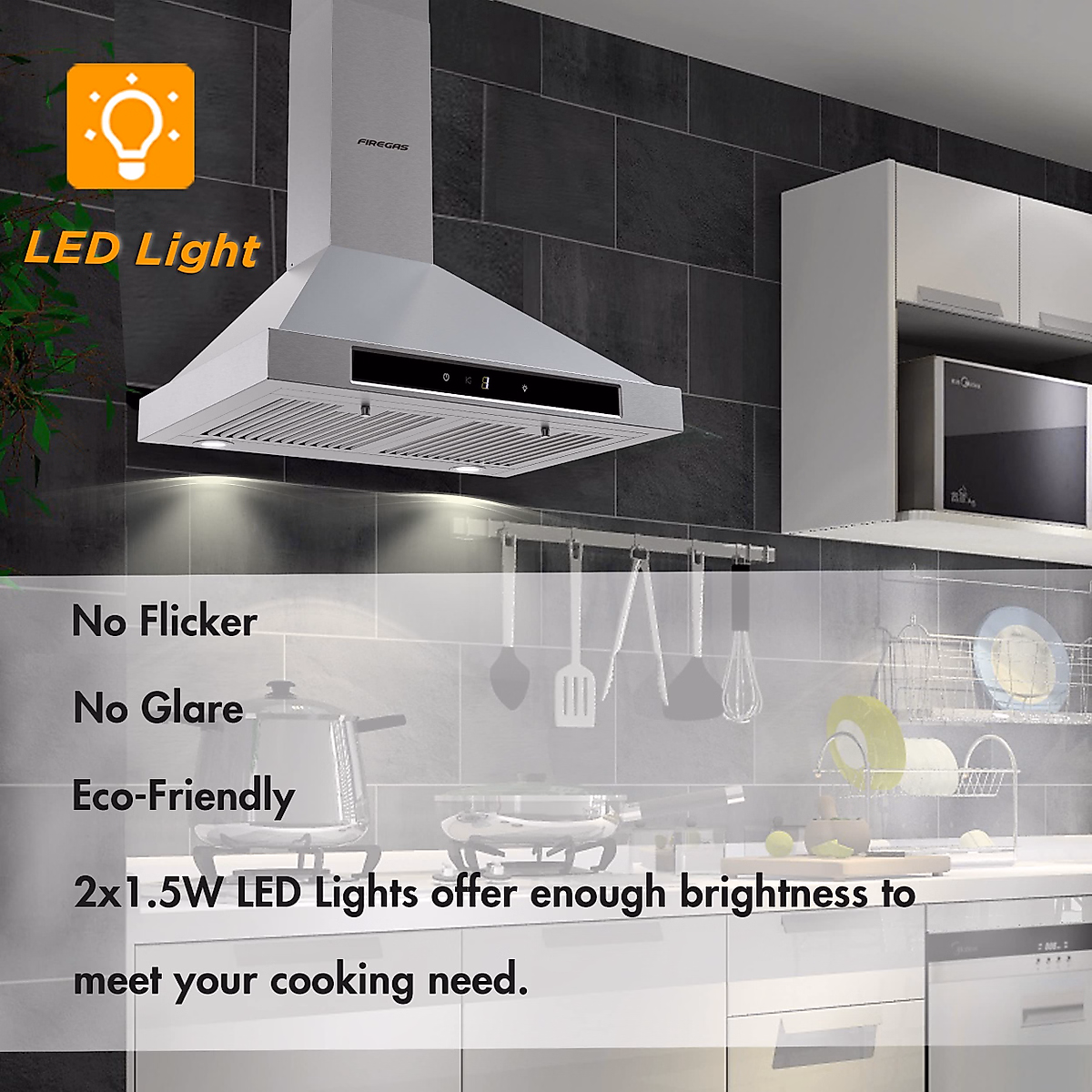 FIREGAS Wall Mount Range Hood 30 in. With 450 CFM Brushless DC Motor,9 Speed Exhaust Fan,LED Light,Soft Touch Control,Buffle Filter, Charcoal Filter included for Ducted/Ductless Range Hood Convertible