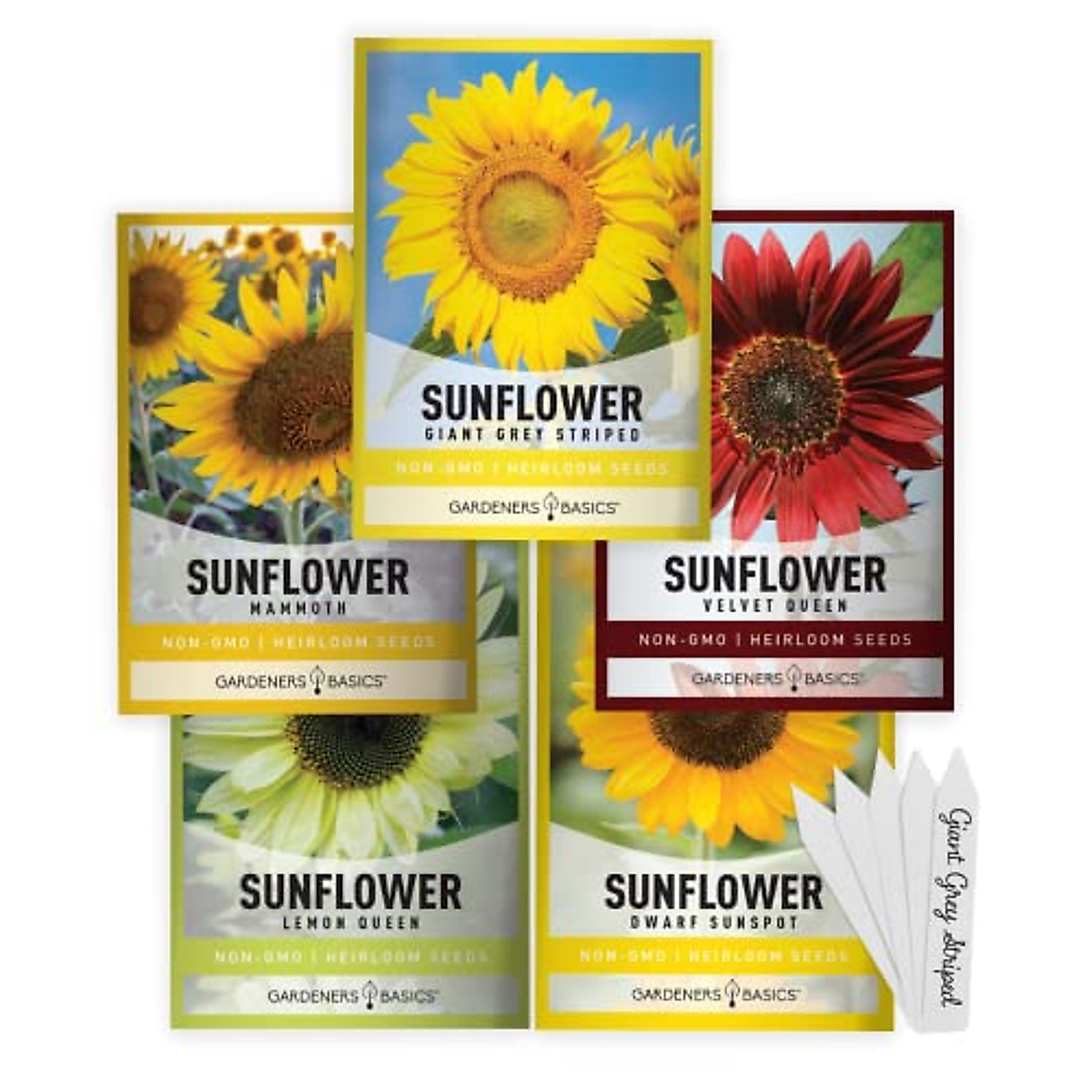 Sunflower Seeds for Planting Flowers (5 Pack Mix) - Velvet Queen, Dwarf Sunspot, Lemon Queen, Giant and Mammoth Bulk Mix of Regular Sunflower Seeds for Outdoor Flower Garden by Gardners Basics