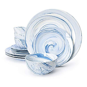 Divitis Home Fusion Porcelain Dinnerware Set 12 Piece, Blue Round Plates (Soup Bowls, Dinner Plates, Salad Plates), Porcelain Dinnerware Set, Dinnerware Set, Dinner Plates, Plates and Bowls Sets