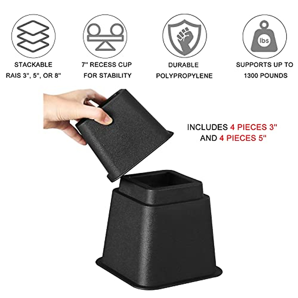 ASIYUN Adjustable Bed Furniture Risers, Stackable Bed Lift in Heights of 4, 6, or 9 Inches, Heavy Duty Furniture Leg Extenders for Home - Supports Up to 1,300 lbs(8-Piece Set)