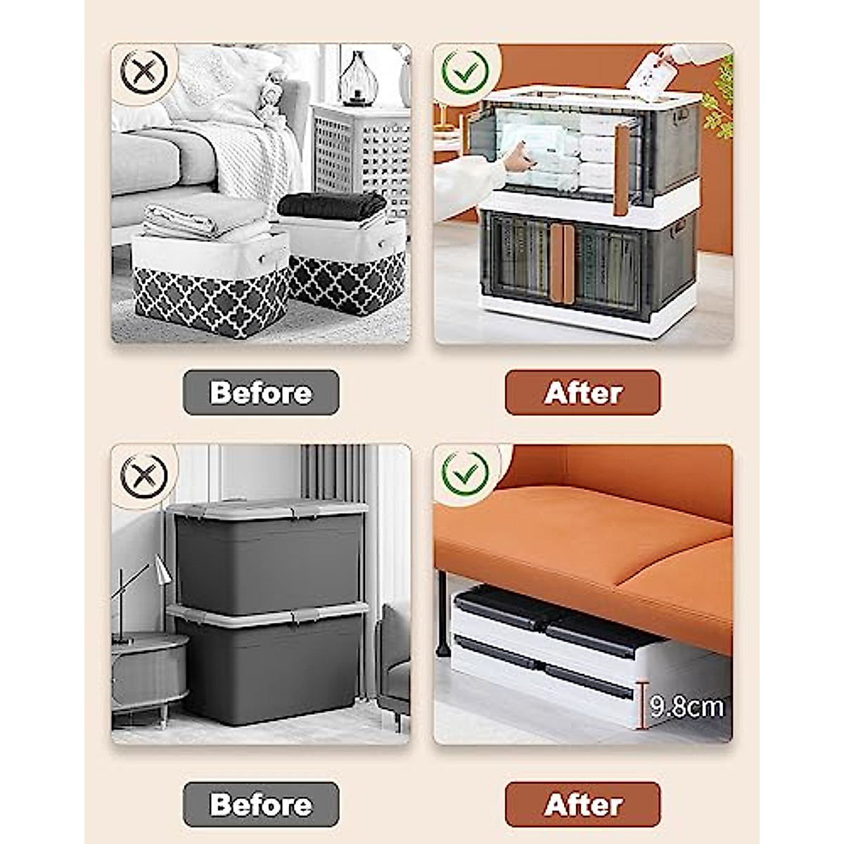 XTACO 3 Pack Stackable Storage Bins with Lids, 8.4 Gal Collapsible Storage Bins, Wardrobe Closet Organizer, Foldable Plastic Storage Container with Door, Crate for Book Storage