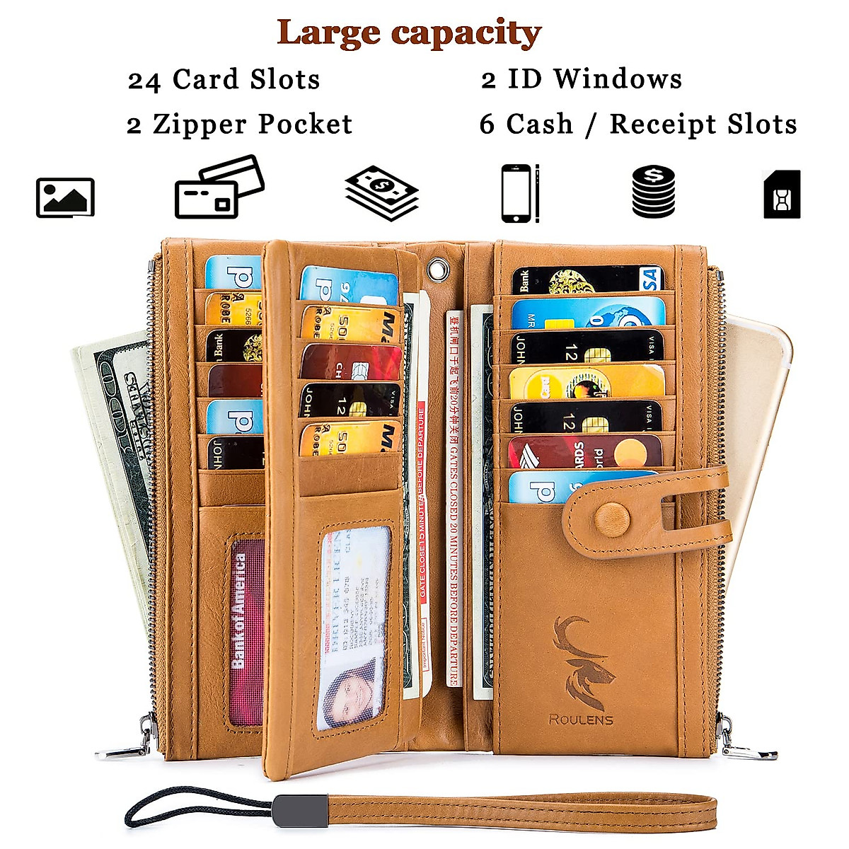 Roulens Wallet for Women Large Capacity Genuine Leather Bifold RFID Blocking Card Holder Clutch Travel Purse Wristlet