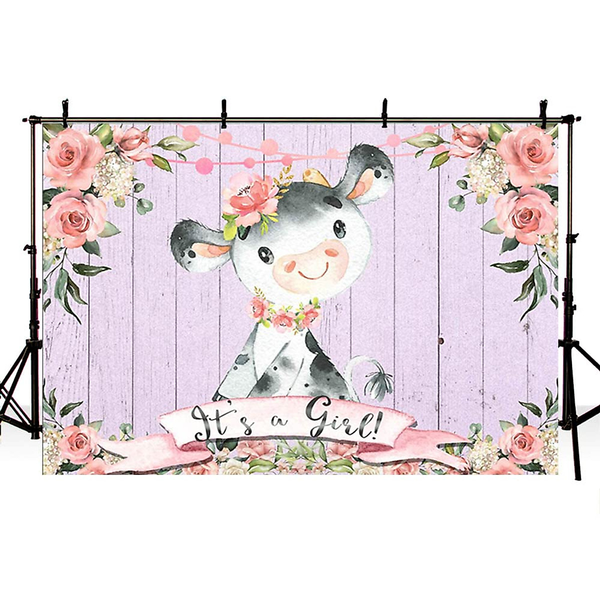 ABLIN 8x6ft Holy Cow Baby Shower Backdrop for Girl It's a Girl Baby Shower Decorations Pink Flowers Rustic Wood Photography Background Girl Baby Shower Party Supplies Props