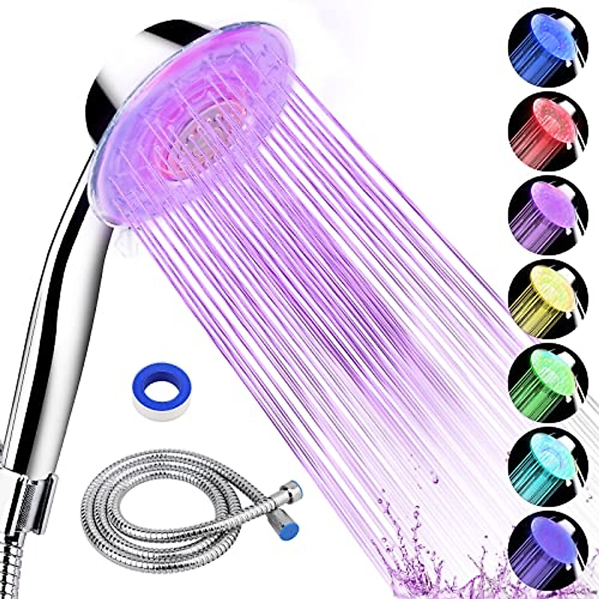 Led Shower Head with Handheld, BBtang 5''Detachable Shower Head with Hose 7 Color Changing Light SPA Spray Showerhead, High Pressure Water Saving Shower Heads Built-in 60 Inch Long Hose