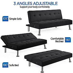 Yaheetech Modern Convertible Futon Sofa Bed w/ 2 Integrated USB Charging Ports Fabric Loveseat Couch Metal Legs, 3 Angles Adjustable Back for Compact Living Space, Apartment, Dorm, Bonus Room Black