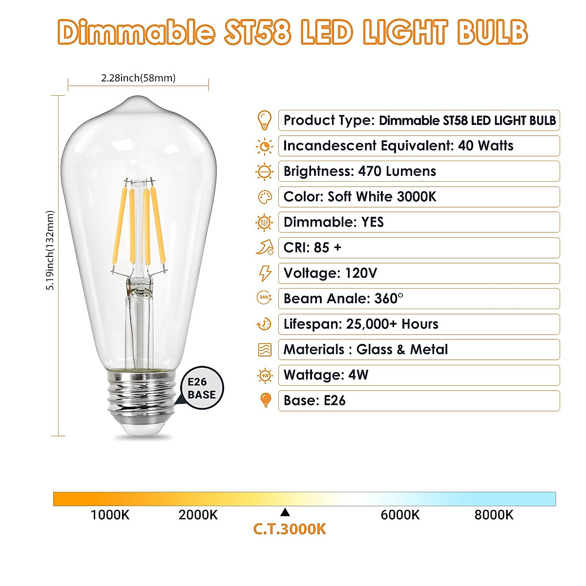 Qingmiao Vintage LED Edison Bulbs, ST58 Dimmable 4W E26 LED Bulb 40W Equivalent, 3000K Soft White Led Light Bulbs, Antique LED Filament Bulbs, CRI 80+, Flicker Free, No Glare, Clear Glass, Pack of 6