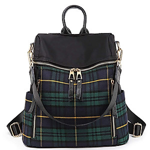 Mn&Sue Plaid Backpack Purse for Women Fashion Casual Daypack Dual-use Travel Shoulder Bag Nylon Rucksack (Green Plaid) One_Size