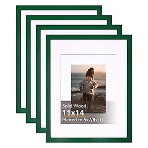 KINLINK 11x14 Picture Frame Green, Solid Wood Frames with Acrylic Plexiglass for Pictures 5x7/8x10 with Mat or 11x14 without Mat, Tabletop and Wall Mounting Display, Set of 4
