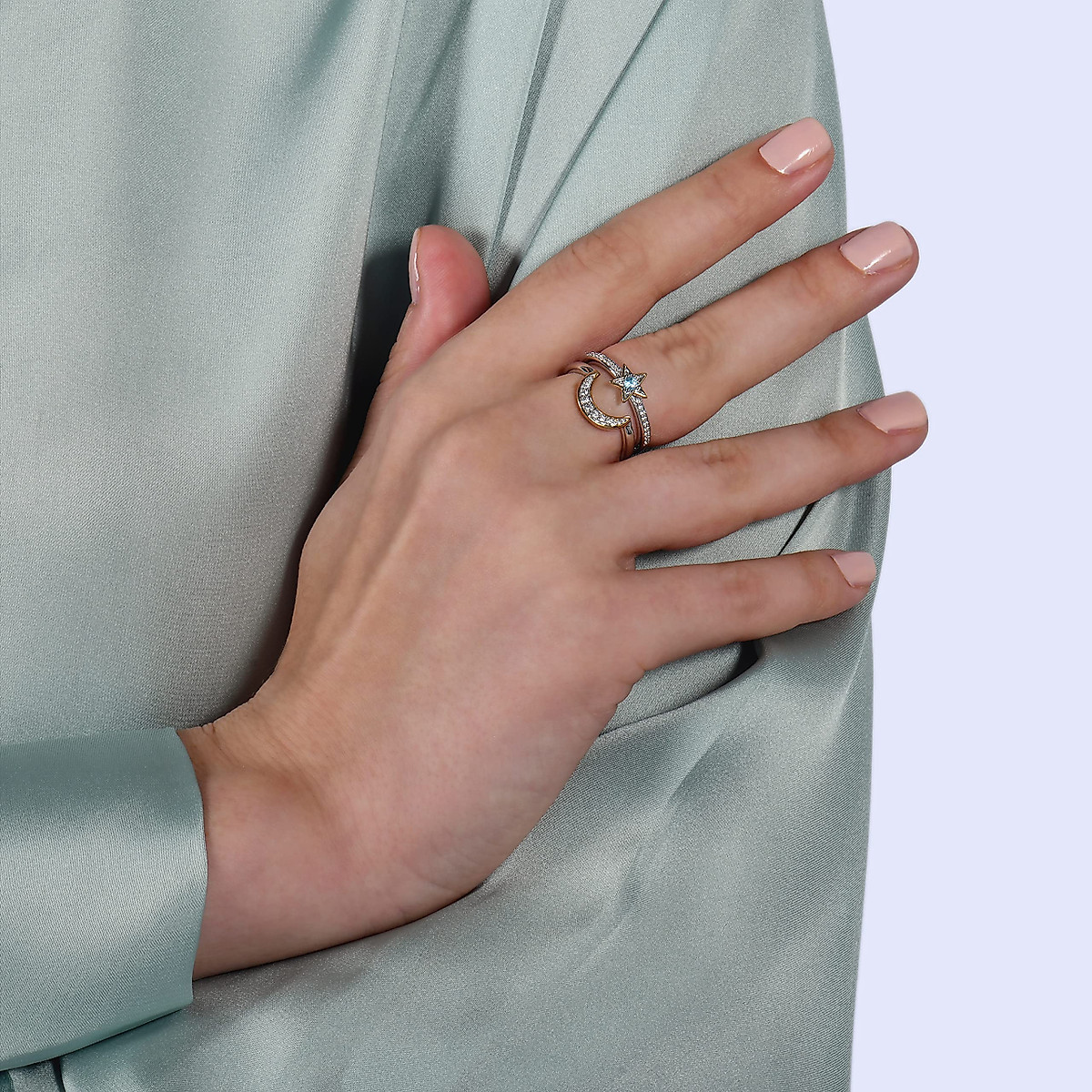 Jewelili Enchanted Disney Fine Jewelry Sterling Silver and 10K Yellow Gold 1/6 CTTW Diamond, Swiss Blue Topaz Aladdin 30th Anniversary Jasmine Star & Moon Ring Size 8