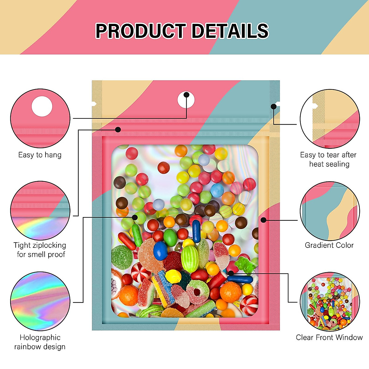 VEEMOS 100 Pieces Resealable Bags with Clear Window, Holographic Multicolored Packaging Bags Transparent Small Business Party Mylar Ziplock Bags 3.5 Inch Sample Bags