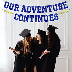 Our Adventure Continues Banner, Let the Adventure Begin Bunting Garlands, Travel Themed/Wedding/Graduation/Retirement Party Decorations Supplies, Blue Glitter