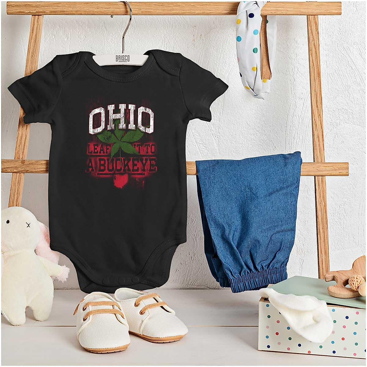 Brisco Brands Ohio Stenciled Buckeye Leaf OH Cool Baby Romper Boys or Girls