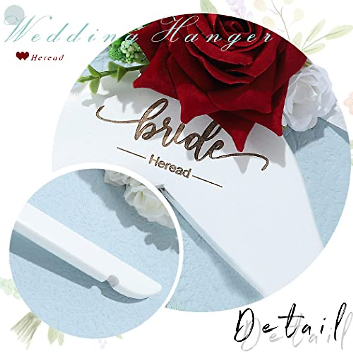 Heread Wedding Hangers White Wood Color Flower Bride Dress Hanger Leaf Groom Suit Hanger Engraved Wedding Grown Hanger with Ribbon Bow Knot for Women and Men (Bride (Pack of 1))