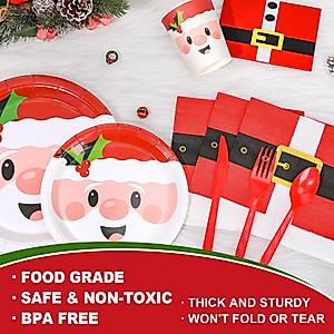 Whaline 175Pcs Christmas Party Tableware Set 7 and 9 Inch Santa Claus Paper Plates 6.5 Inch Santa Belts Napkins Cute Xmas Disposable Cups and Red Fork Spoon Knife Kit for Xmas Holiday Dinner Supplies