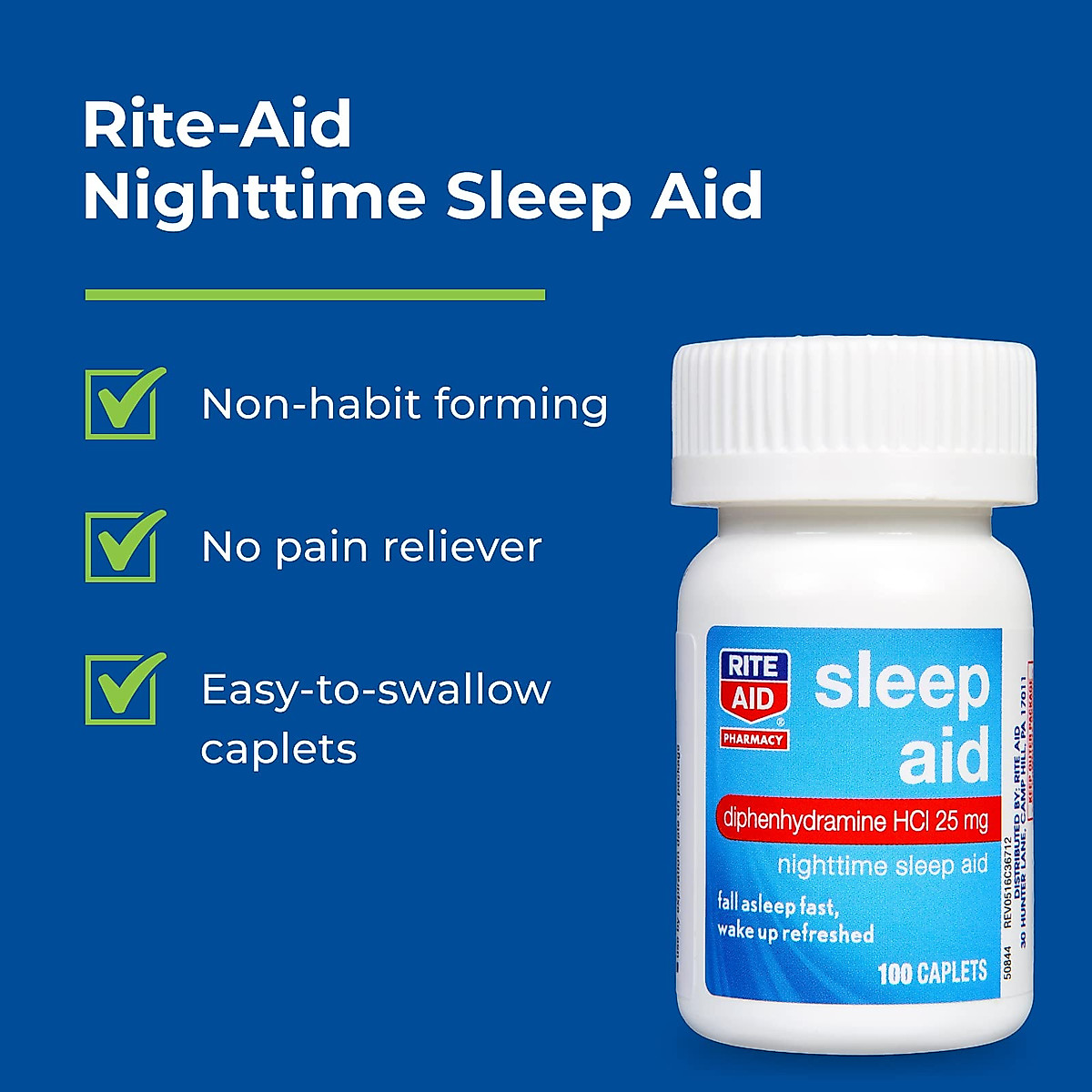 Rite Aid Nighttime Sleep Aid Diphenhydramine HCI 25 mg, 100 Mini Caplets | Non-Habit Forming Sleep Supplement | Best Sleep Aid for Insomnia | Insomnia Relief and Anxiety Relief Items Natural Sleep Aid