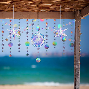 UNICORN ELEMENT Iridescent Birthday Decorations with Happy Birthday Banners, Iridescent Aluminum Foil Balloons, Hexagonal Star Round Ornaments, Sparkly Circle Garlands Hanging and Party Tablecloth for Birthday Party Supplies