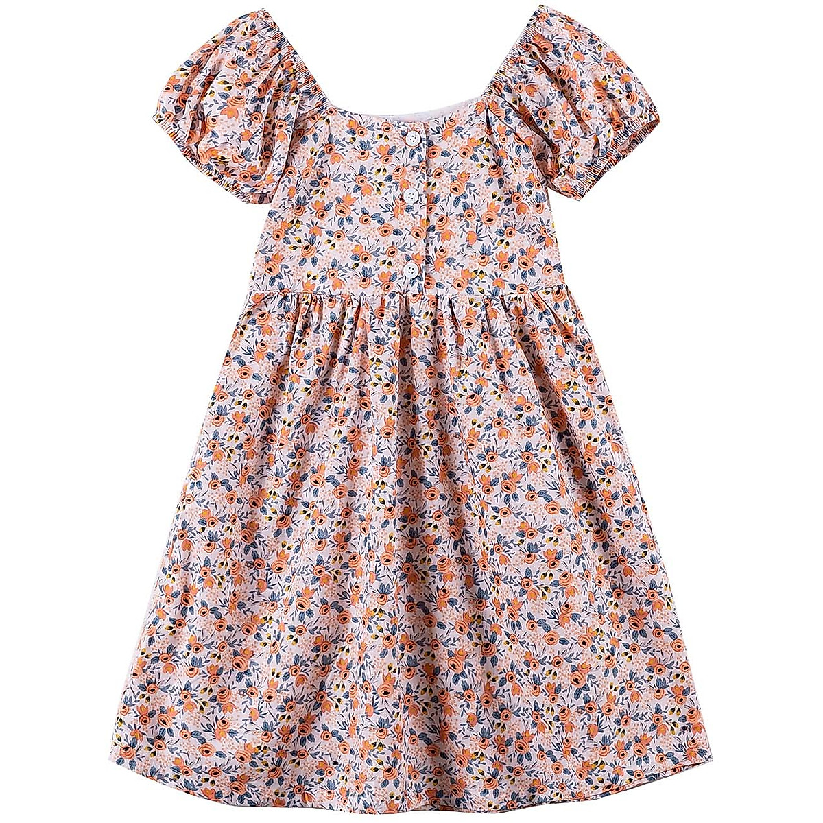 Noomelfish Toddler Girls Short Sleeve Floral Dress Casual Flower Printed Smocked Dresses, Small Orange, 3 Years