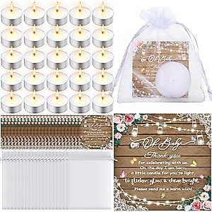 Threlaco 150 Pcs Baby Shower Party Favors for Guests Rustic Wood Baby Shower Gifts Include 50 Tea Light Candles 50 Rustic Floral Thank You Cards 50 Return Gift Bags for Gender Reveal Party Supplies