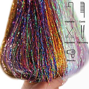 Hair Tinsel Kit with Tool 6pcs 1200 Strands Colorful Tinsel Hair Extensions Heat Resistant Sparkling Shiny Glitter Fairy Hair Accessories for Women Girls Kids 47Inch