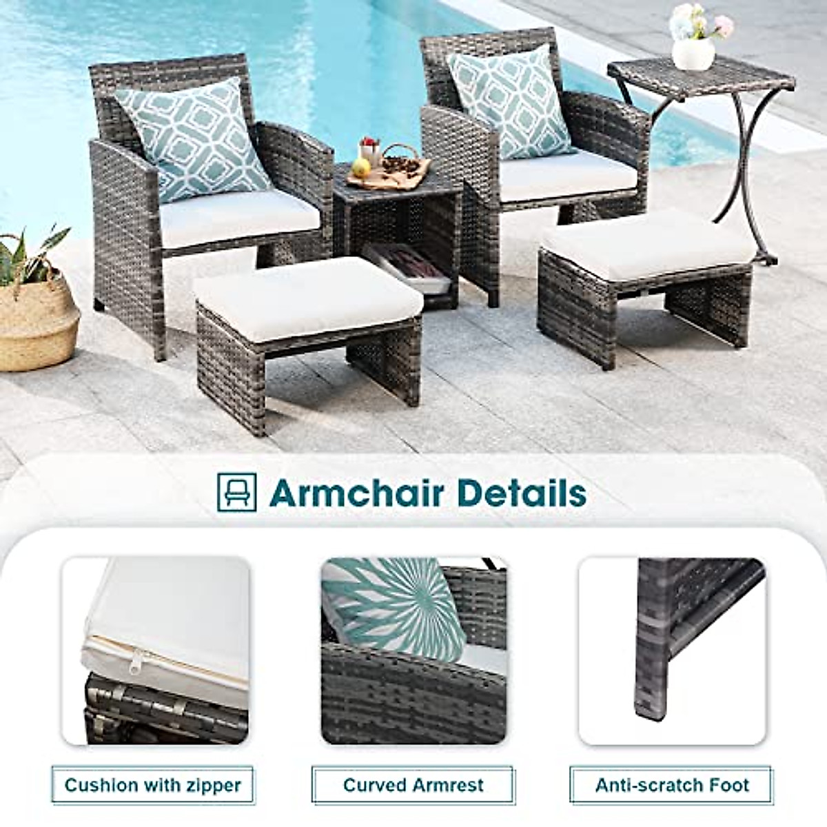 OC Orange-Casual 6 Piece Patio Furniture Conversation Set with Ottoman, Outdoor Grey Wicker Chair and Table Set, Balcony Furniture for Apartments