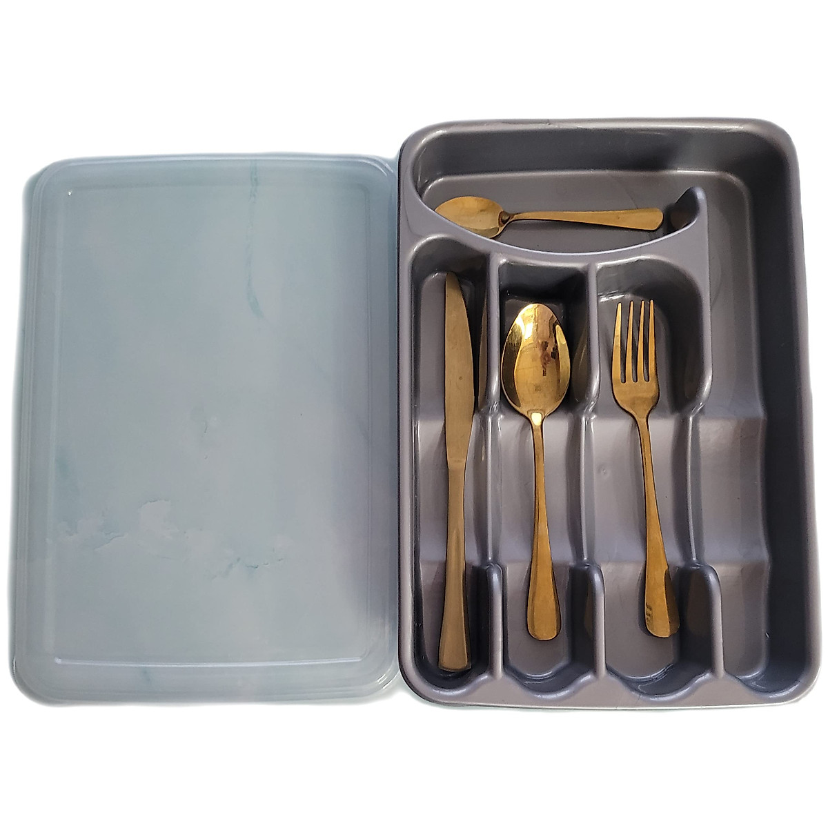 Utensil and Silverware Organizer tray for drawer with cover -Cutlery Flatware Organizer with lid - for kitchen drawer, BBQ , picnic, Covered flatware tray,5 Compartments - Plastic (SILVER)