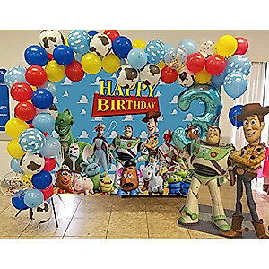 WRQ GCH 7x5ft Cartoon Toy Backdrop Blue Sky White Clouds Happy Birthday Party Decoration Toy Baby Shower Backdrop Cake Table Decoration