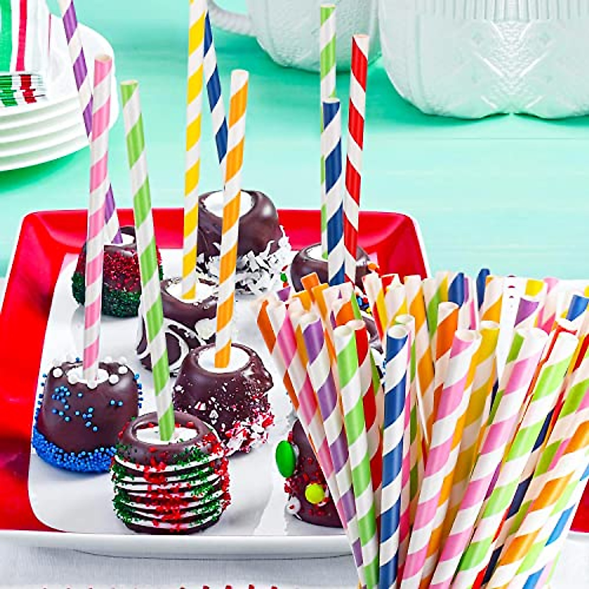 [300 Pcs] Biodegradable Individually Wrapped Paper Straws - Disposable Colorful Eco-Friendly Paper Drinking Straws(7.75"longX0.25"diameter)