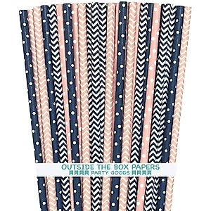 Outside the Box Papers Pink and Navy Blue Chevron and Dot Paper Straws 7.75 Inches 100 Pack Pink, Navy Blue, White