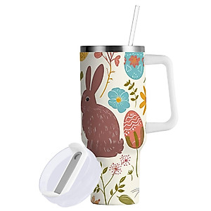 RPLIFE Easter with Bunnies and Flowers 40oz Tumbler with Handle, Stainless Steel Tumbler with Straw, Tumblers for Women