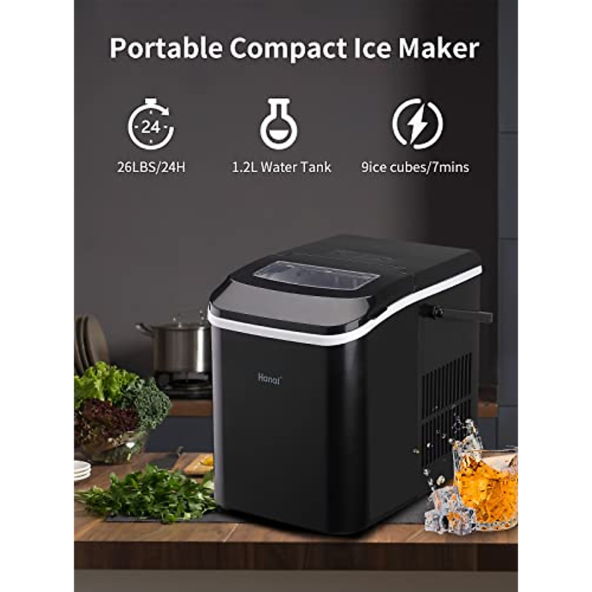 Ice Makers Countertop, 26lbs in 24 Hours, 9 Ice Cubes Ready in 7 Mins, Self-Cleaning Electric Ice Making Machine with Ice Scoop and Basket, L&S Bullet Sizes for Home Party Office Bar Camping