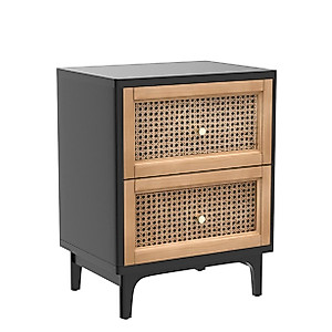 COZAYH Set of 2 Fully-Assembled 2-Drawer Woven Cane Front Accent Nightstand with Brass Knobs, Black