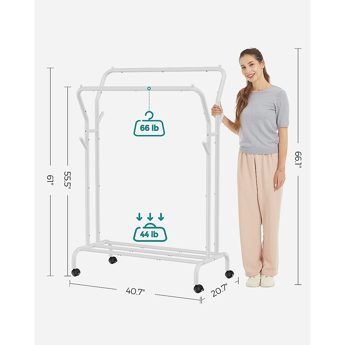 SONGMICS Clothes Rack, Double-Rod Clothing Rack with Wheels, Heavy-Duty Metal Frame, Garment Rack, 220 lb Max. Total Load, 40.7 Inches Wide, Clothes Storage and Display, White UHSR107W01