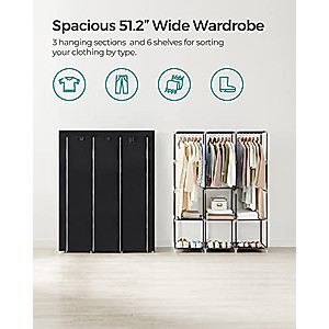SONGMICS Portable Closet, Wardrobe Closet Organizer with Cover, 3 Hanging Rods and Shelves, 4 Side Pockets, 51.2 x 17.7 x 65.7 Inches, Large Capacity for Bedroom, Living Room, Black URYG092B02