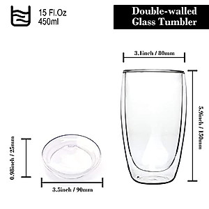 ZHMTang 1 Piece of Double-walled Borosilicate Glass Mug Tumbler for Coffee, Milk, Tea (15 Oz Glass lid)