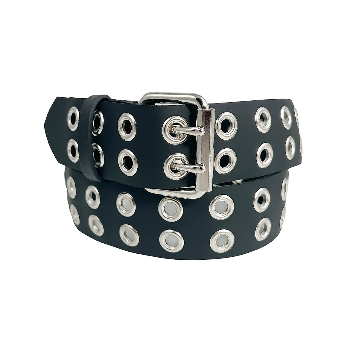 Grommet Eyelet Uniform Belt Made in USA Genuine Leather Punk Goth Thrash Metal (L-36) Black