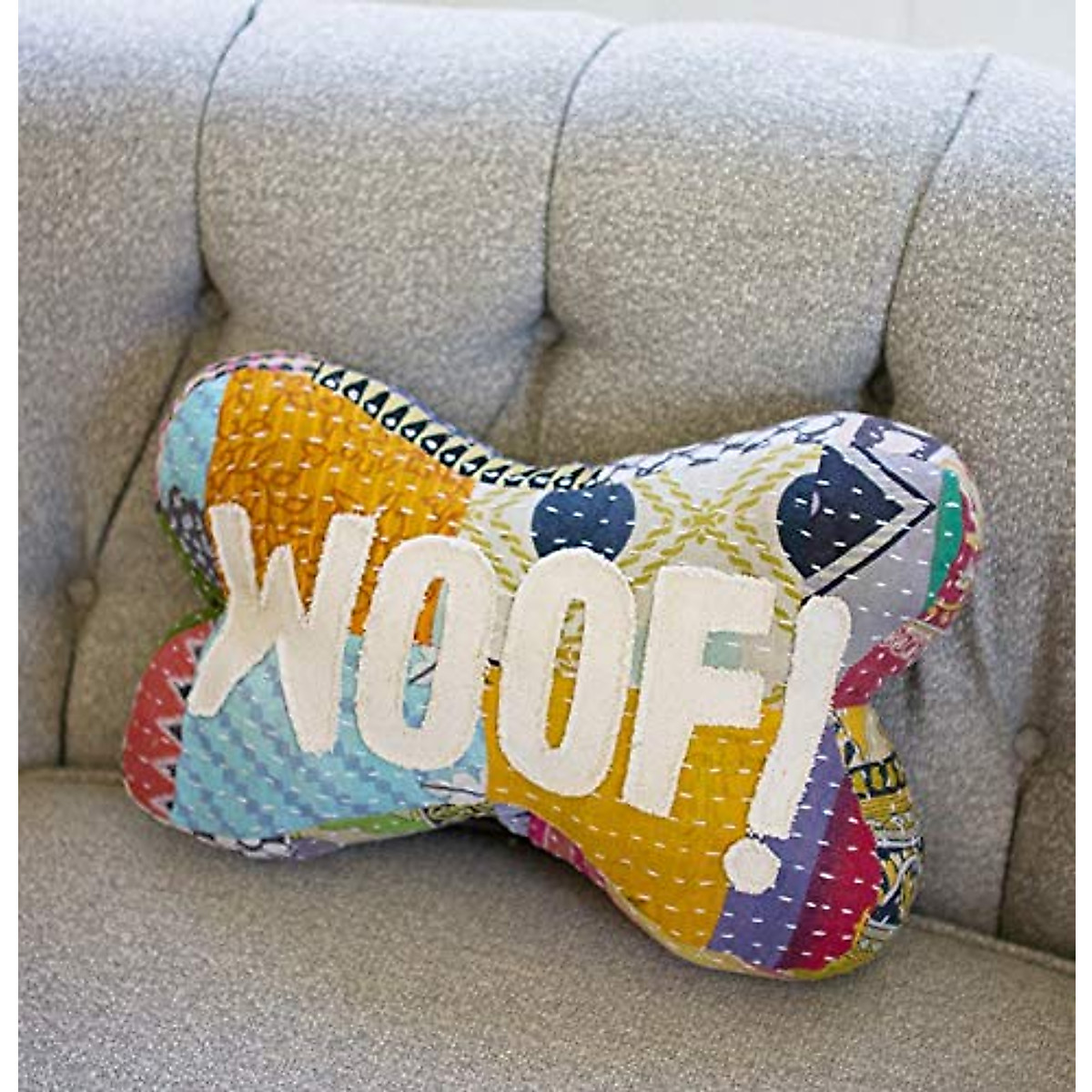 MY SWANKY HOME Woof Dog Bone Shape Kantha Throw Pillow Soft Patchwork Multicolor Boho Colorful
