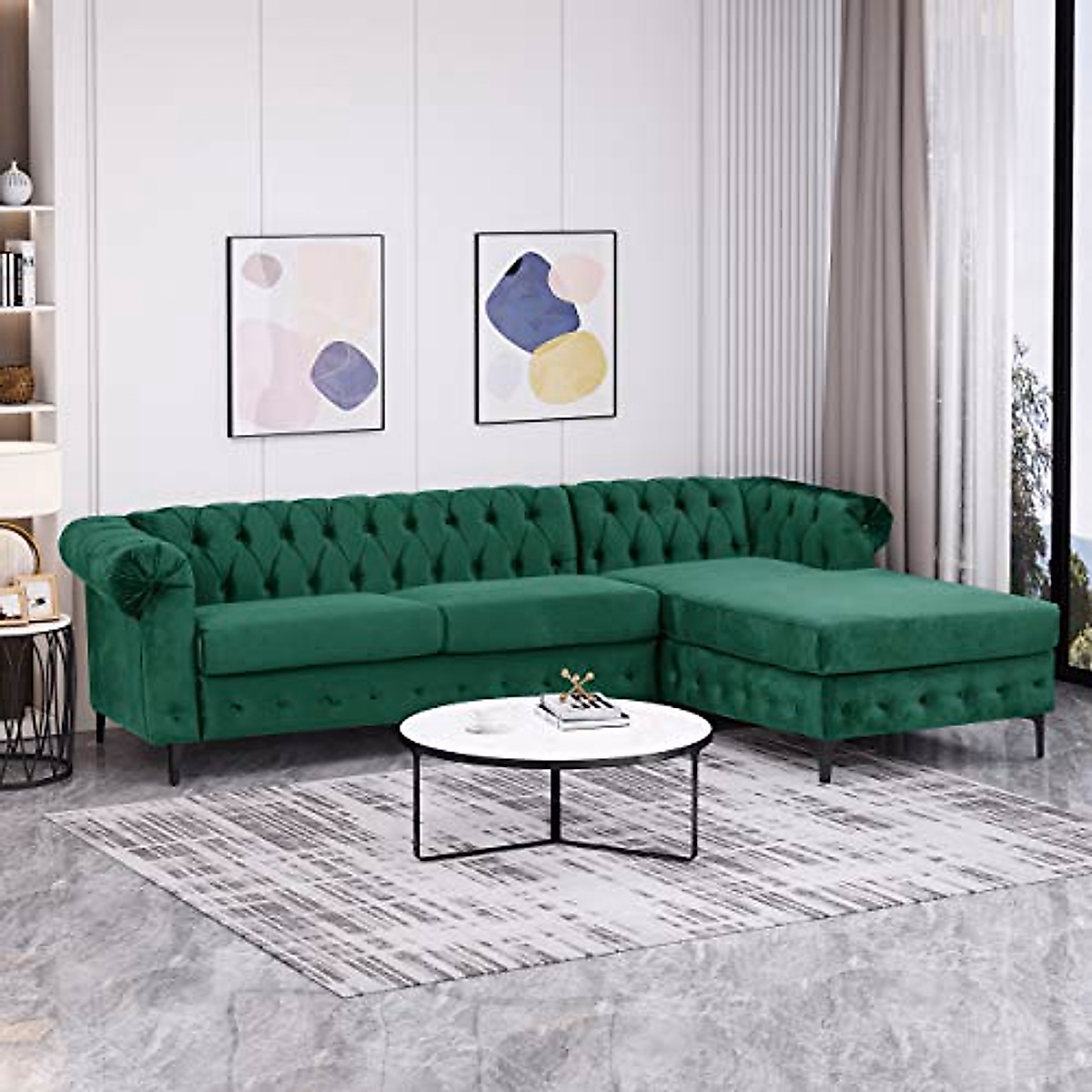 Christopher Knight Home Frieda Velvet 3 Seater Sectional Sofa with Chaise Lounge, Emerald, Black