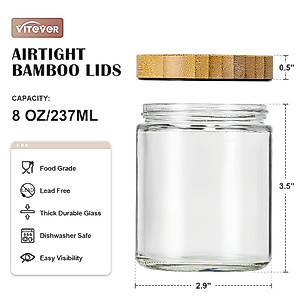 VITEVER 12 Pack, 8 OZ Thick Glass Jars with Bamboo Lids, Bulk Clear Round for Making Candles, Empty Food Storage Containers for Spice, Powder, Liquid