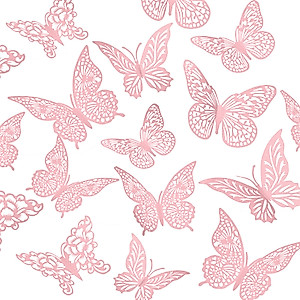 3D Pink Butterfly Decorations Butterflies Stickers, XUNXMAS 48Pcs 4 Styles 3 Sizes Butterfly Wall Decor Party Birthday Cake Decorations, Removable Stickers Decals for Mirror Kids Room Bedroom Wedding