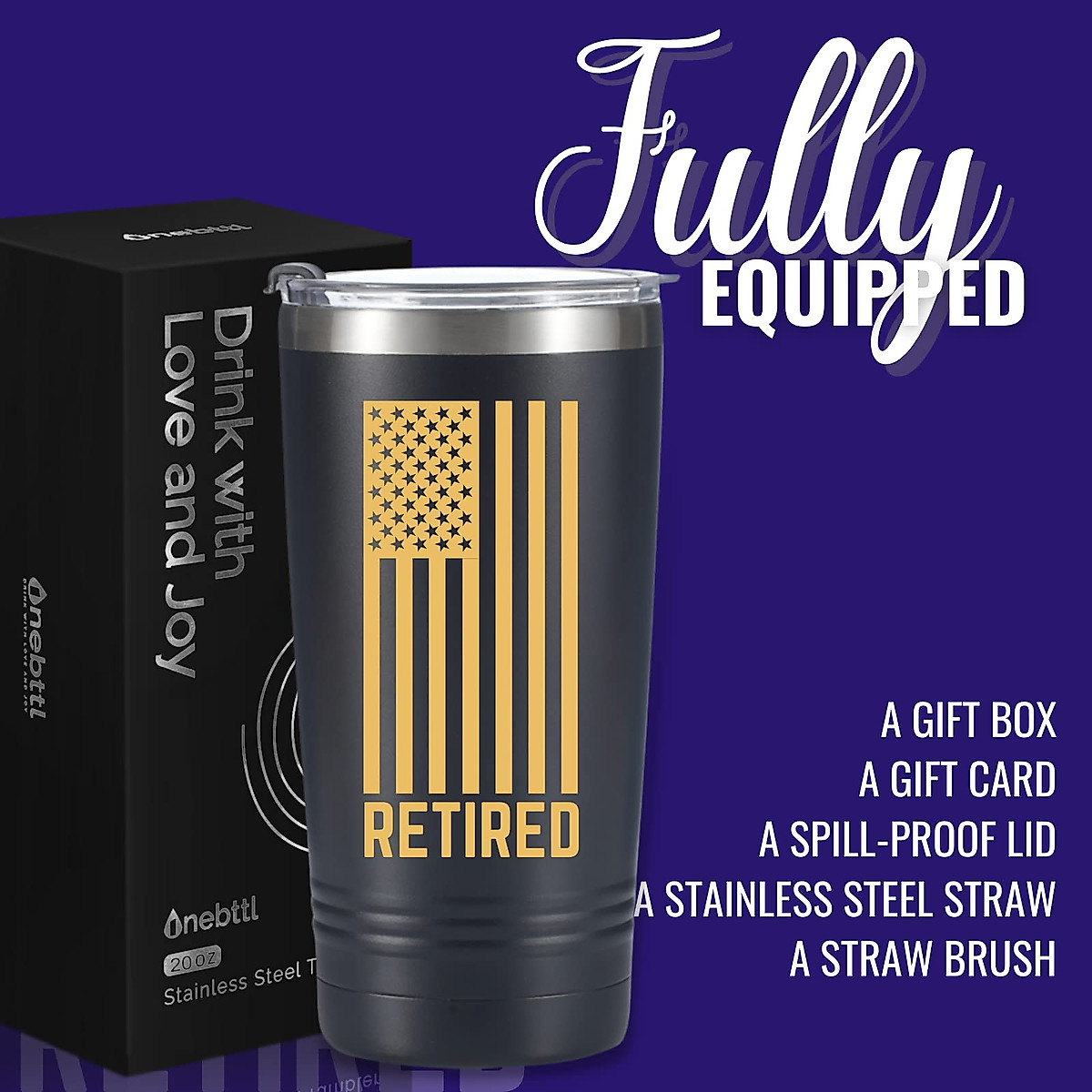 Retirement Gifts for Police/Cops, Unique Gifts for Retired Public Officers, Firefighter, Army, Air-Force, 20oz Stainless Steel Travel Tumbler with Lid, Gift Box Included, American Flag