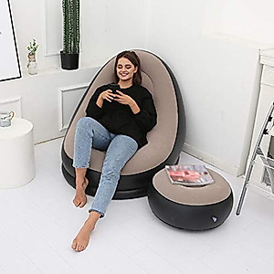 Inflatable Lounge Chair for Adults, Folding Portable Lazy Sofa with Foot Stool Lazy Flocking Recliner Chair Air Couch Sofa for Indoor Livingroom Gaming Bedroom Office Balcony, Outdoor Travel Camping