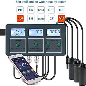 Kadxyan 8 in 1 Water Quality Tester, PH/EC/TDS/Salt/S.G/CF/ORP/Temperature Water Quality Monitor, Tuya WiFi Smart Wall-Mounted Water Detector for Fish Tank, Aquarium, Sea Water, Swimming Pool