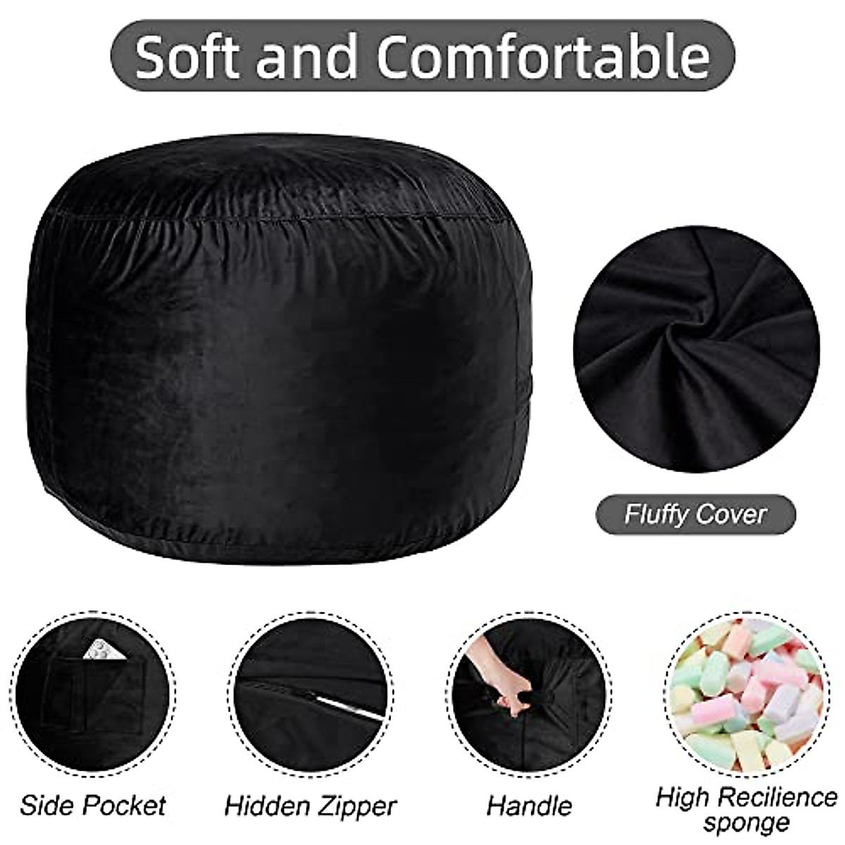 SIMFLAG 4Ft Bean Bag Chair, Memory Foam Filling Bean Bag Chairs with Velvet Cover, Removable and Machine Washable Cover, Giant Bean Bag Chair for Adult - Black