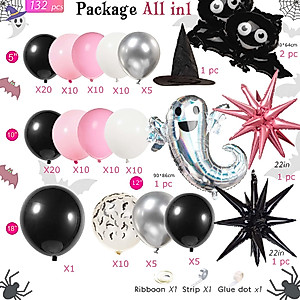 Pink Black Silver Halloween Balloon Garland Kit 130Pcs With Starburst Ghost balloon and wizard Hat for Girl baby shower Happy boo day spooky one Birthday Party Decoration