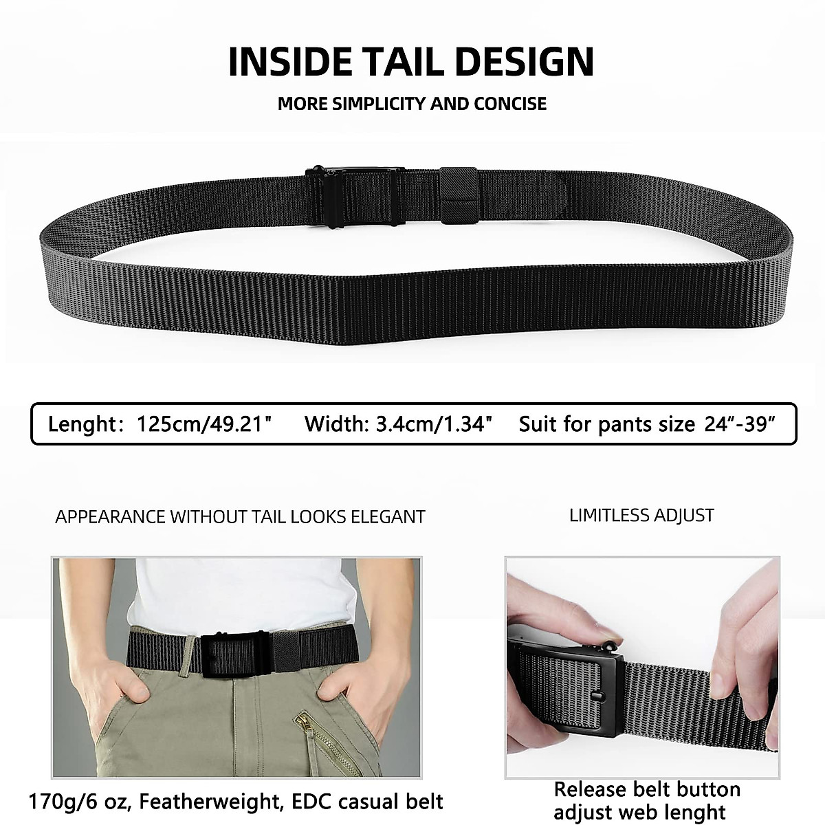 WIMSSERT Cropable Casual Ratchet Nylon Belts for Men,Women with Automatic Buckle,24"-39",Black